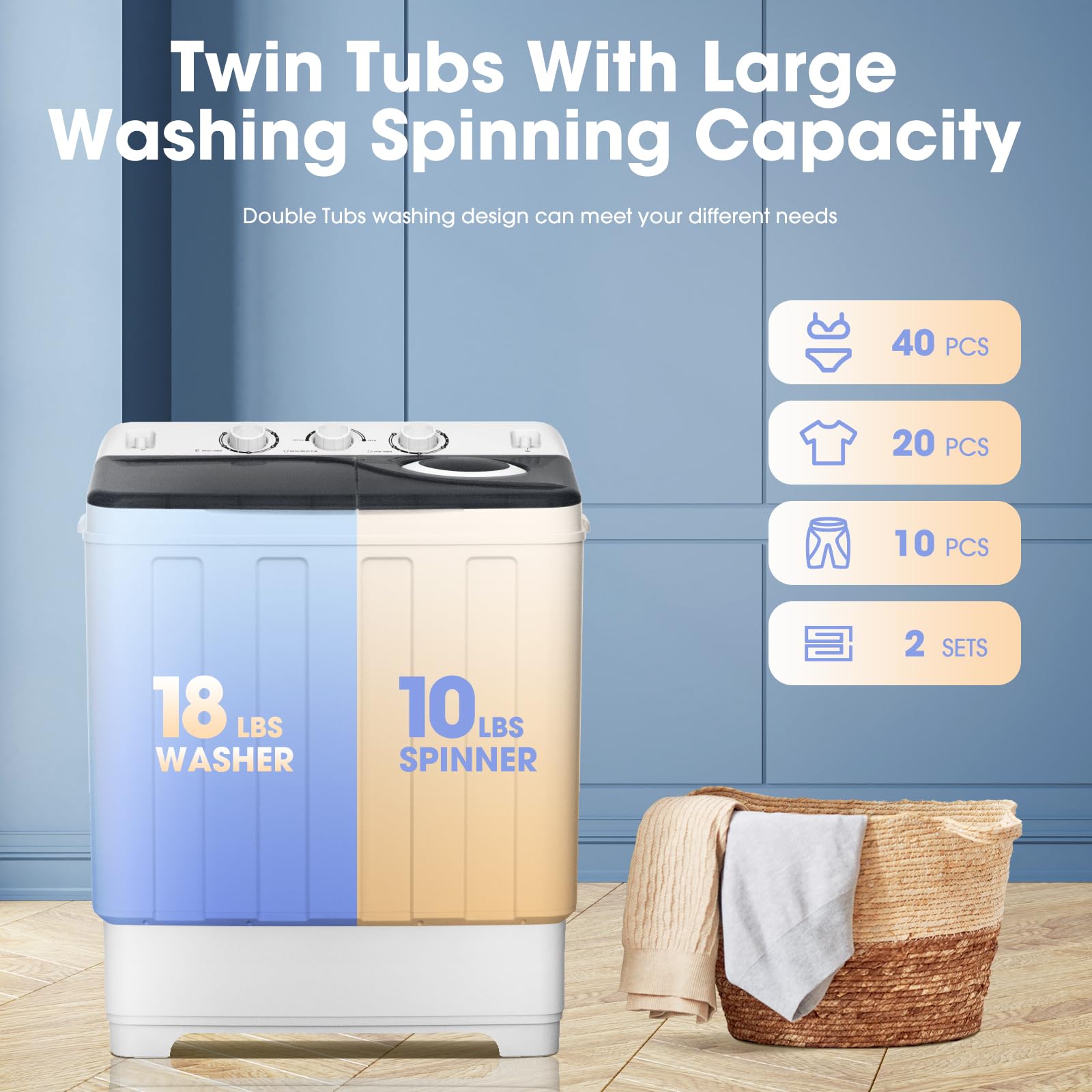 2 In 1 Portable Washing Machine, Washing Machines, Twin Tub Compact Washer 28lbs Capacity, Laundry Washer with Control Knobs/Timer Function/Drain Pump, Washer and Spinner Dryer for Apartment, RV
