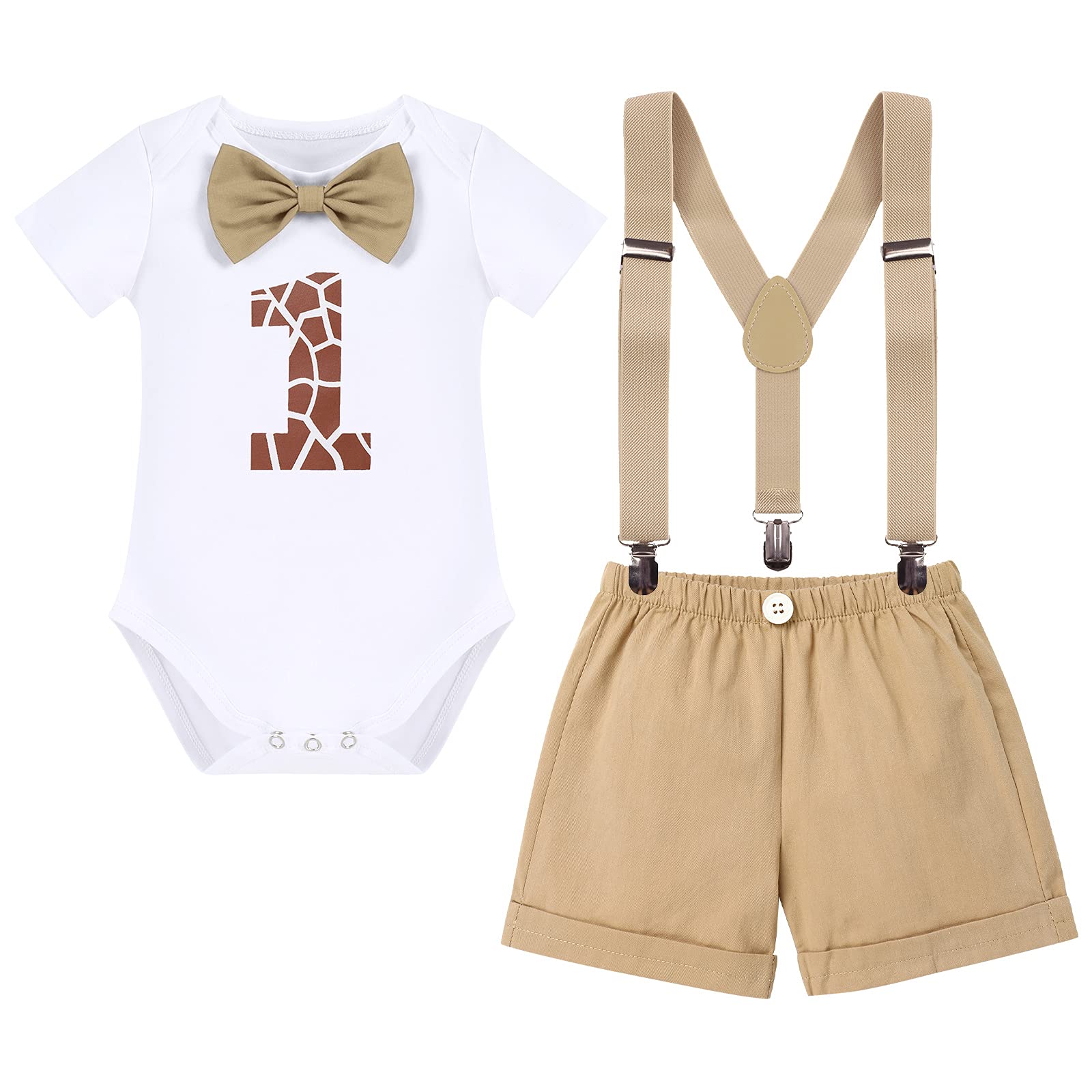 Cake Smash Outfit Boy 1st First Birthday Baby Jungle Theme Wild One Bow Tie Romper+Shorts+Y-Back Suspenders 3PCS Wedding Baptism Gentleman Formal Party Clothes Photo Props Khaki 12 Months