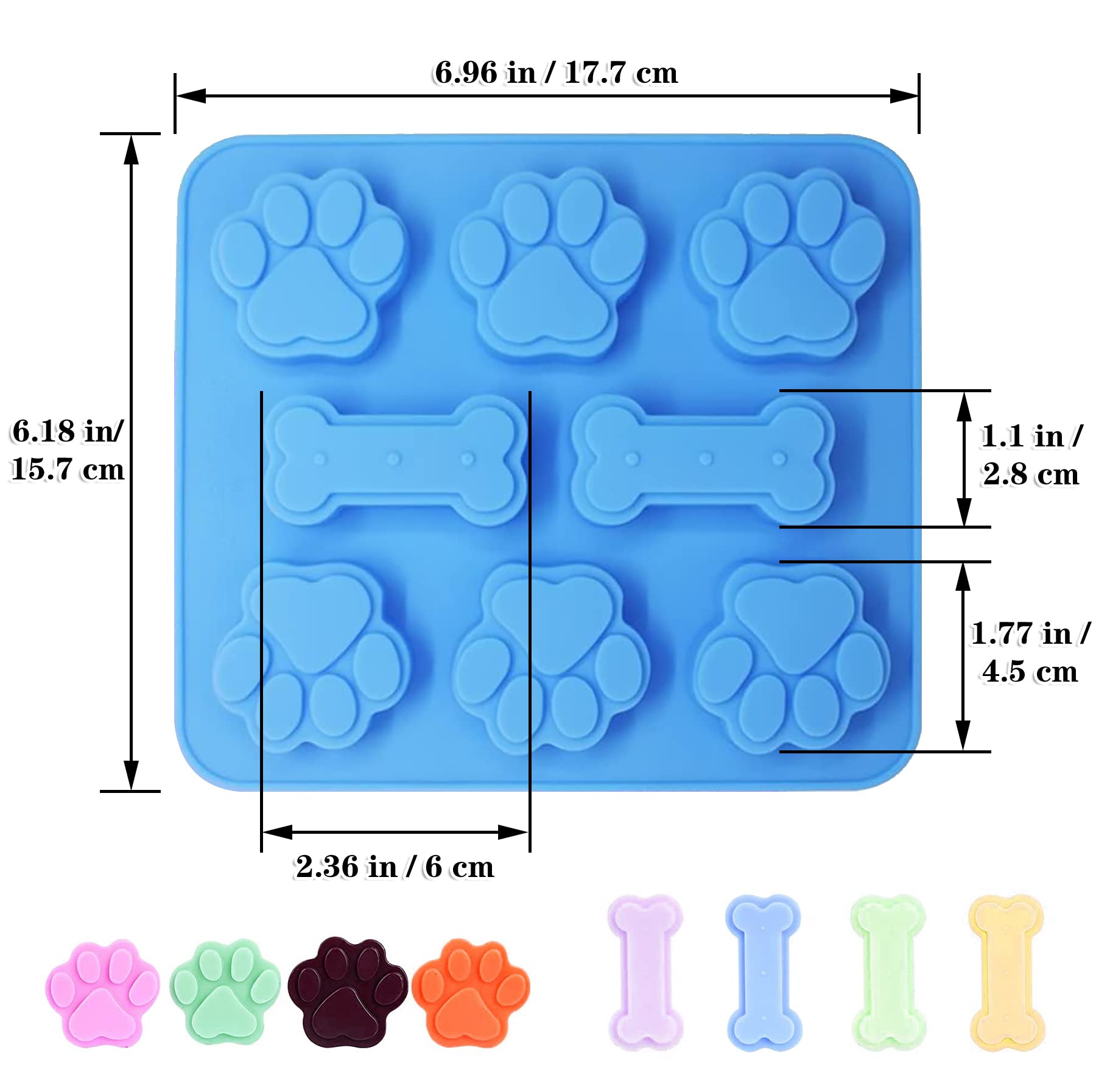 2 in 1 Silicone Molds,2 Pack Silicone Puppy Paw Print & Dog Bone Shaped Molds ,with 3 Packs Stainless Steel Bone Cookie Cutter-Blue&Pink-Set of 5