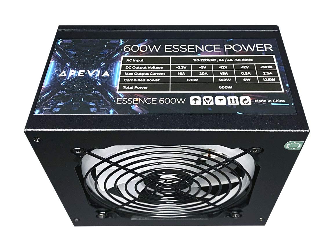 Apevia ATX-ES600-RGB Essence 600W ATX Semi-Modular Gaming Power Supply with Auto-Thermally Controlled 120mm RGB Fan, 115/230V Switch, All Protections