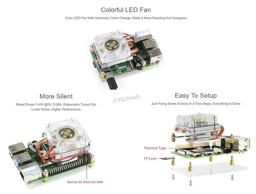 Low-Profile ICE Tower Cooling Fan for Raspberry Pi 4 3 Model B B+ Super Heat Dissipation 5mm Copper Tube Powerful RGB Colorful LED More Efficient @XYGStudy