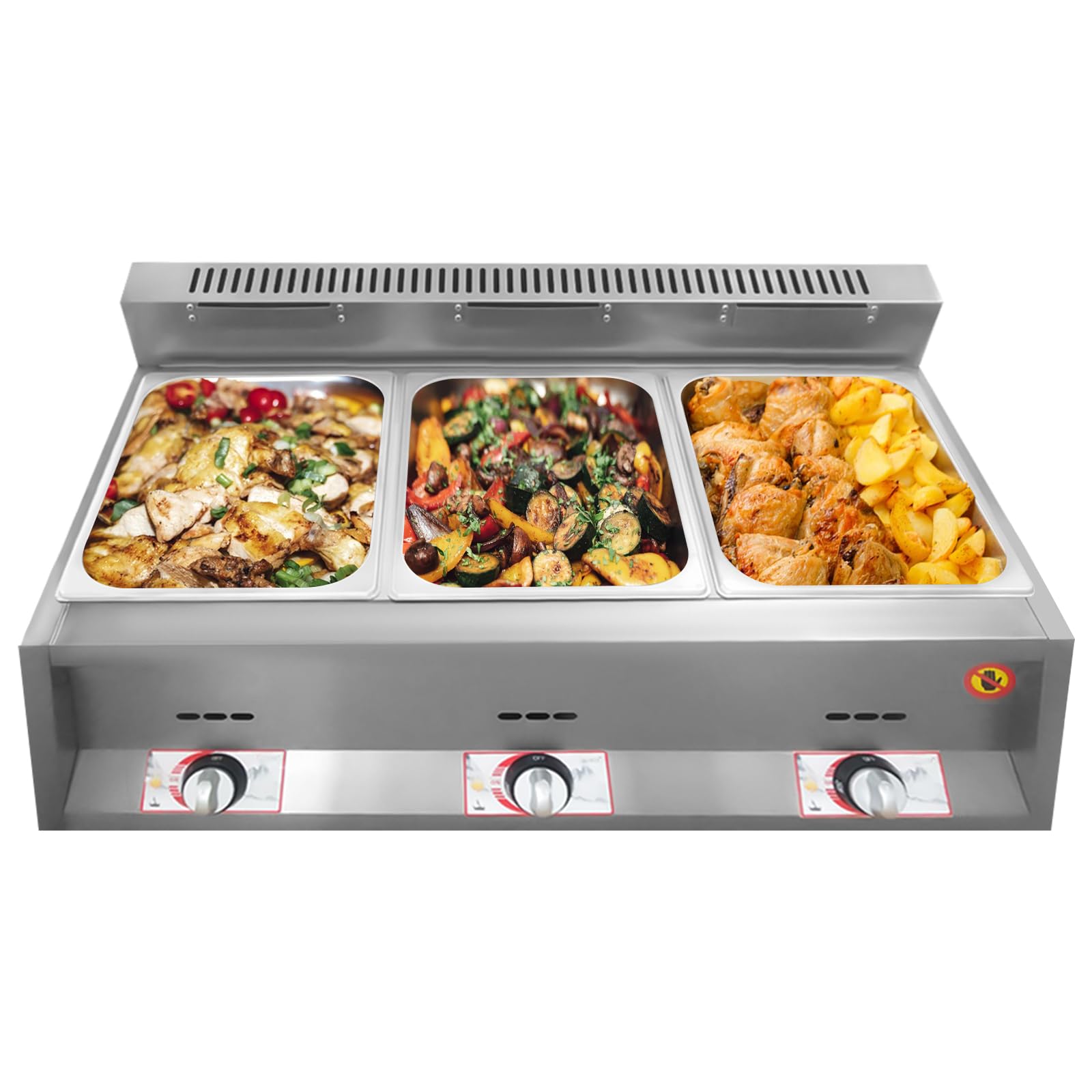 3-Pan Commercial Food Warmer, Propane/NG Gas Fryer Catering Desktop Food Insulation Pot Steaming Table Steamer Soup Insulation Pot Adjustable Temperature Gas Fryer Steamer Cooking Heating Pot