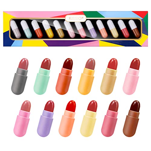 KISSIO Lipstick Set 12 Colors,Mini Matte Lipstick,Pill Lipstick Set,Waterproof Long Lasting Mini Capsules Lipstick,Travel Friendly,Cruelty Free,2.33 Oz