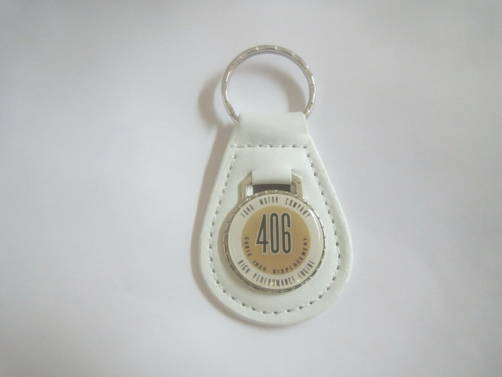 1962 1963 1964 GALAXIE 406 HIGH PERFORMANCE ENGINE LOGO LEATHER KEYCHAIN - WHITE