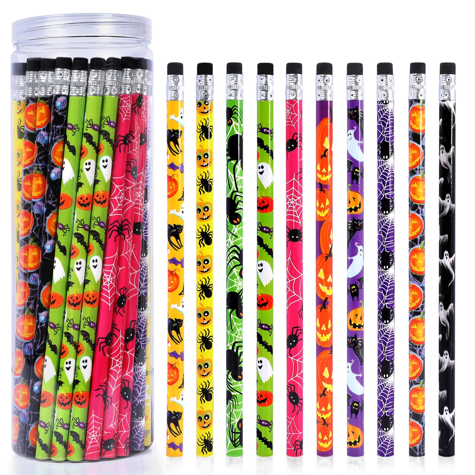 50Pcs Halloween Pencils Colorful Wood Pencils with Erasers Assorted Pattern Pencils for Halloween Party Favors Trick or Treat Halloween Goodies Bags Filler Game Prizes Classroom Rewards for Kids Adult