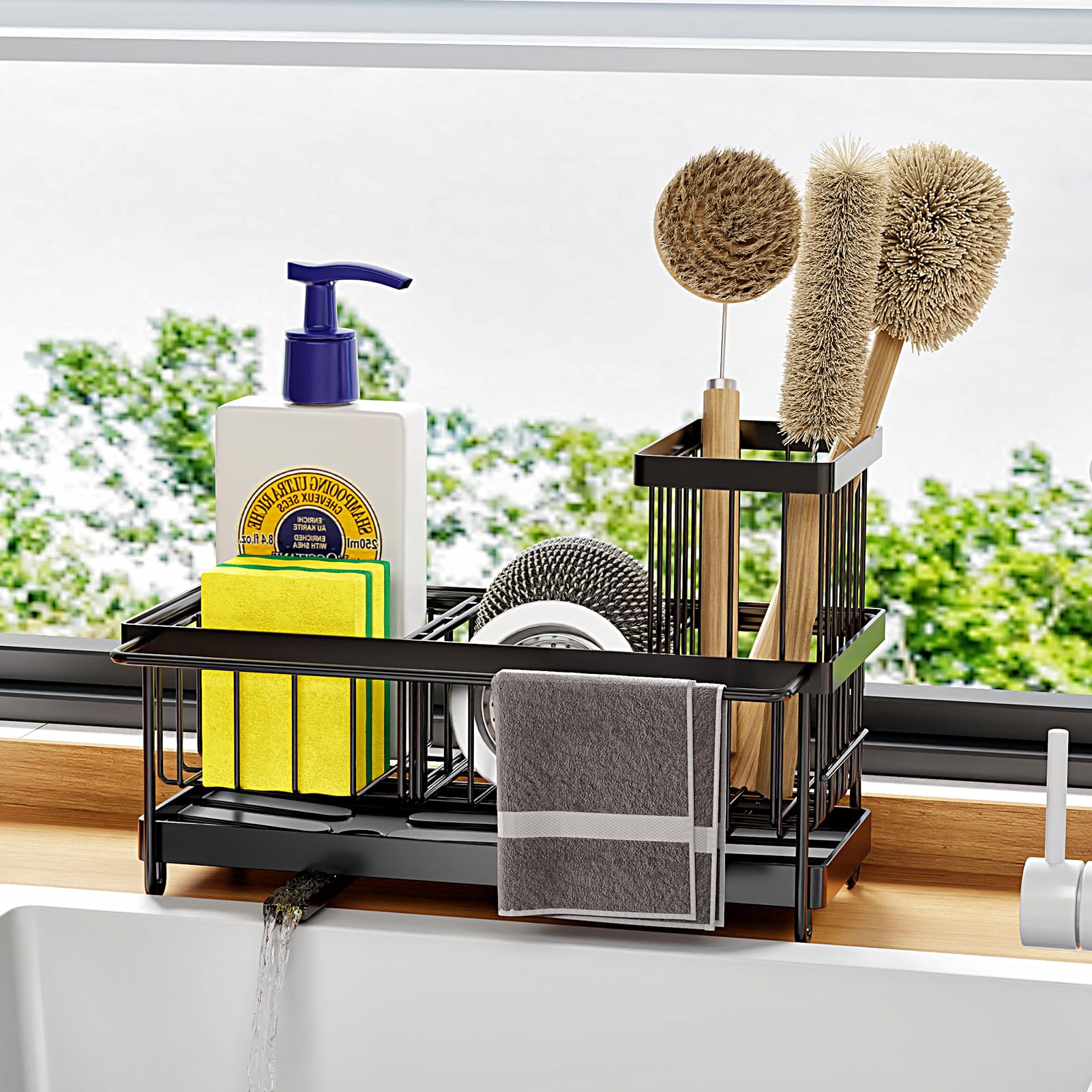 Spoge Holder for Kitchen Sink - Sink Caddy with Long Brush Holder & Divider, SUS304 Stainless Steel Kitchen Sink Organizer, Dish Soap Dispenser Kitchen Organization and Storage Accessories