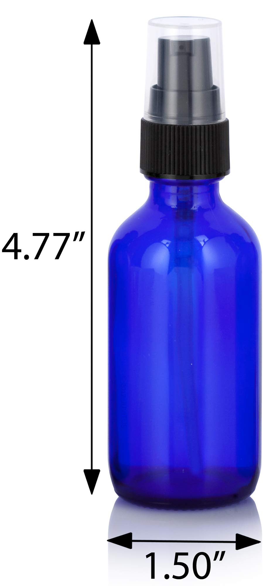 JUVITUS 2 oz Cobalt Blue Glass Boston Round Black Treatment Pump Bottle (24 Pack) + Funnel and Travel Size Foamer for Soap