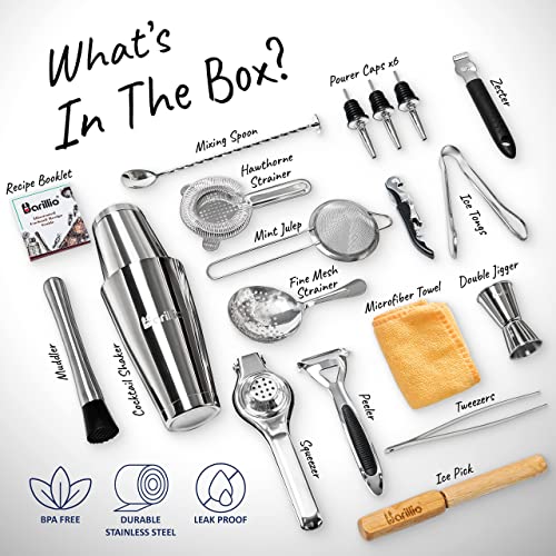 Barillio Bartender Bag Travel Bartender Kit Bag with Bar Tools | Professional 17-Piece Bar Tool Set with Portable Waxed Canvas Bag Including Shoulder Strap for Easy Carry | Travel Cocktail Set……