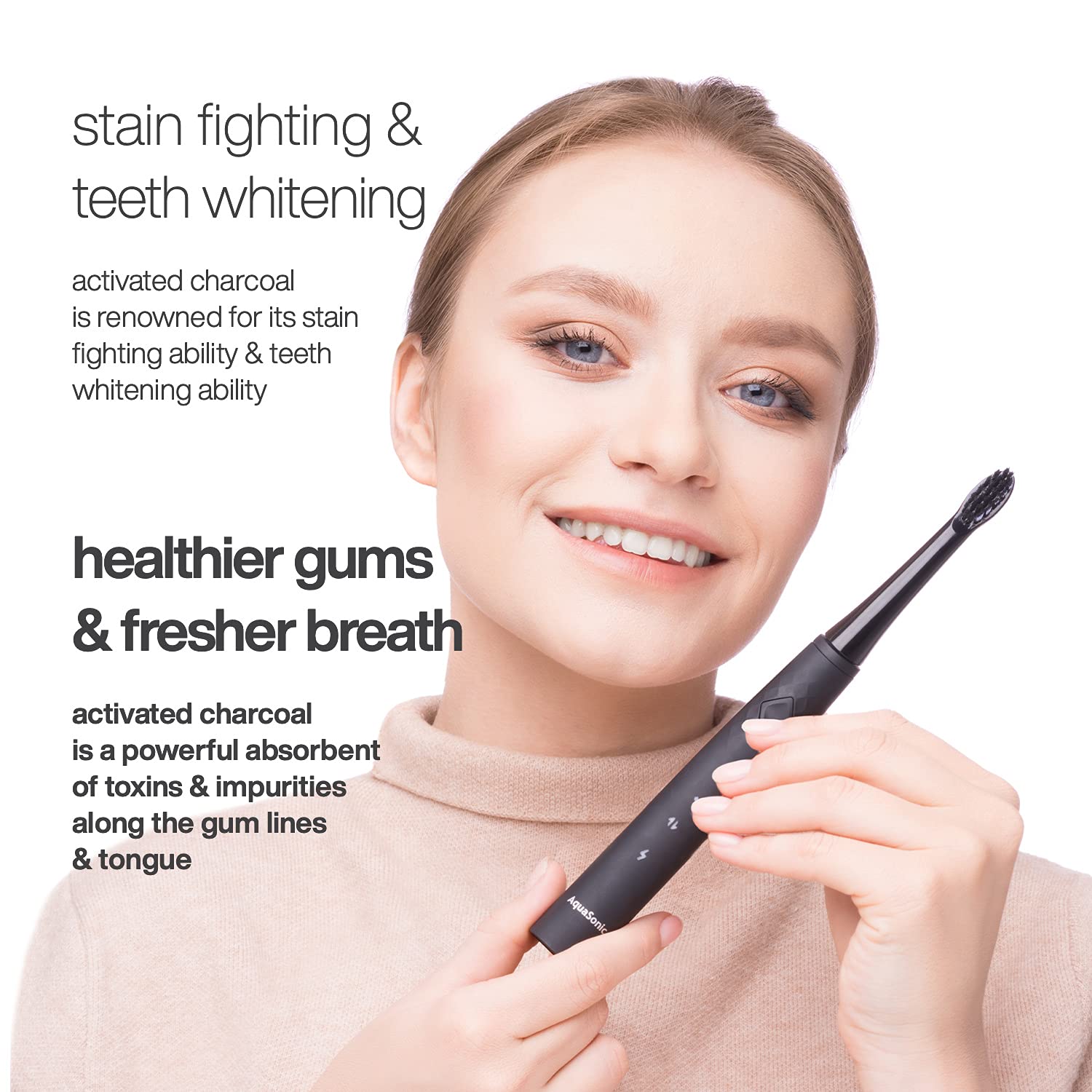 AquaSonic Pulse – Ultra Whitening Electric Toothbrush w Activated Charcoal Whitening Bristles – Sonic Rechargeable toothbrush – 3 Modes & Smart Timers – Lasts 45 days – Home & Travel Toothbrush