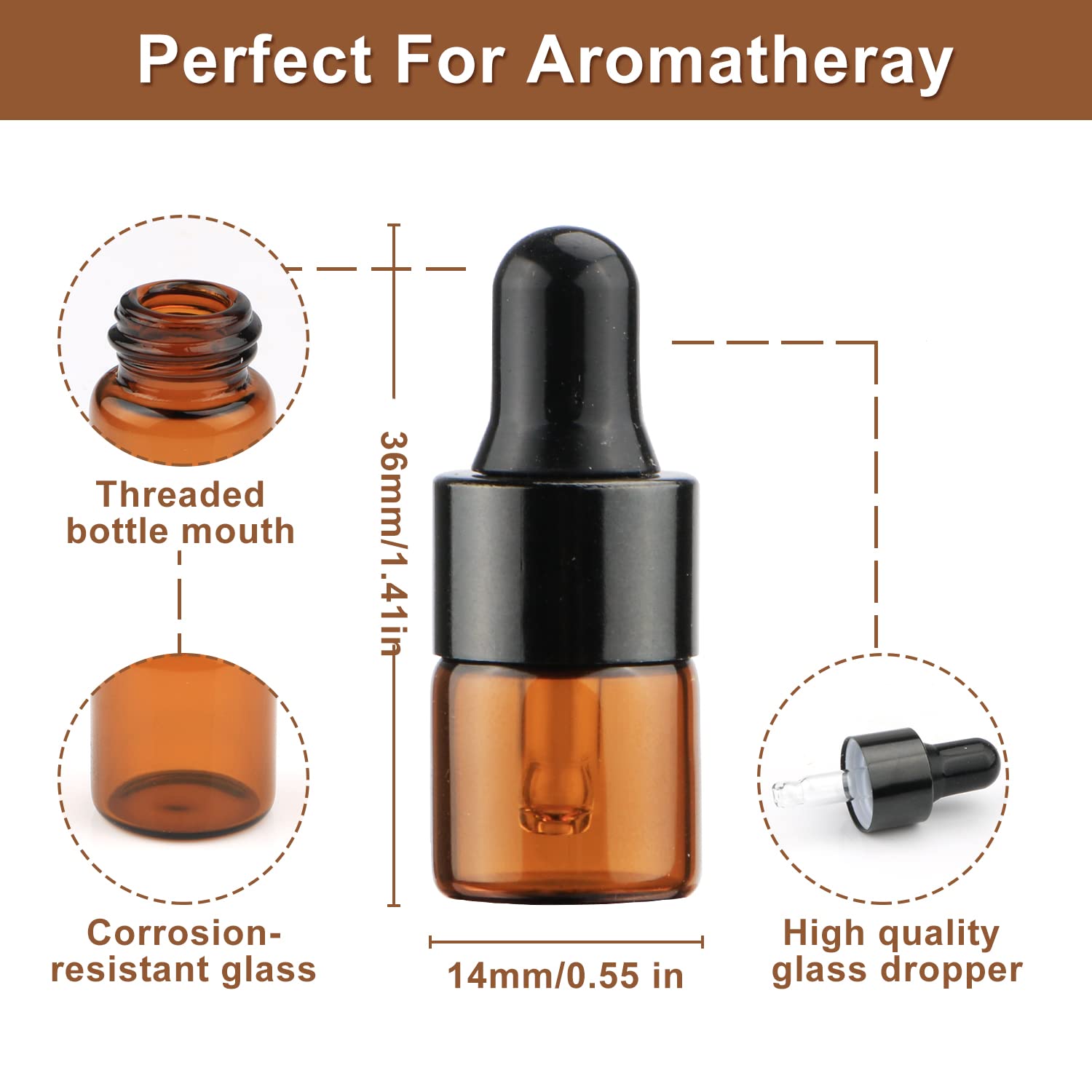 30Pcs Amber Glass Dropper Bottles Mini Empty Sample Vials Essential Oil Dropping Bottles Perfume Jars Cosmetic Container with Glass Eye Dropper and Black Caps (1ml)