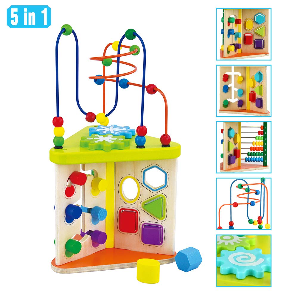ACOOLTOY Wooden Activity Cube 5 in 1, Baby Activity Center for Boys and Girls 1,2,3 Years Old