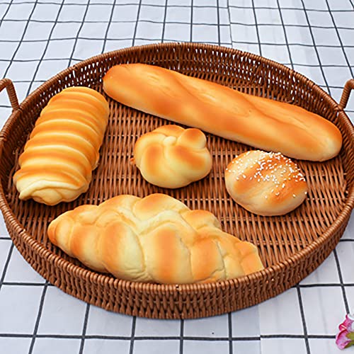 3 Pack Woven Serving Tray with Handles, Imitation Rattan Woven Tray, Hand-Woven Tray,Woven Basket, Storage Basket, Round Double Handle (Imitation Rattan, Brown)