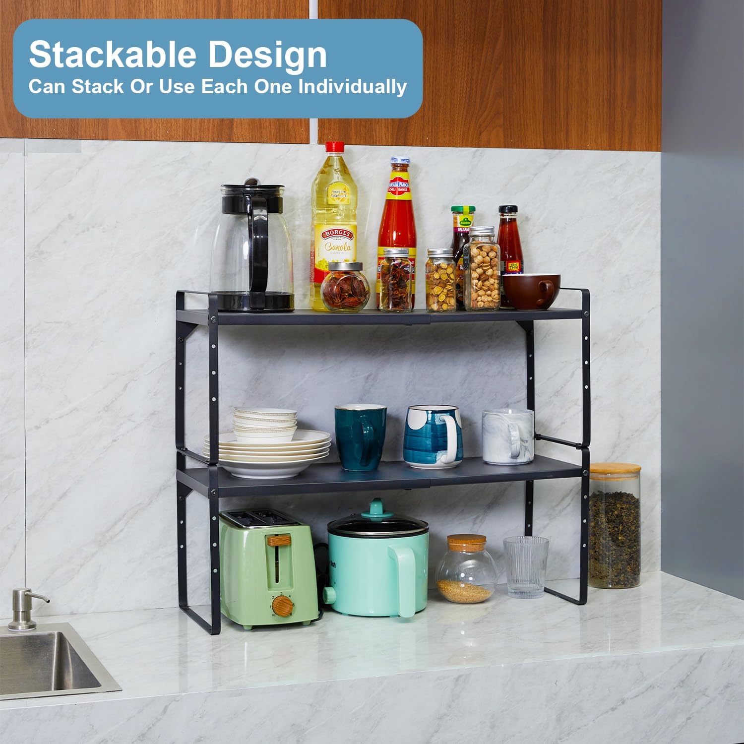 2 Pack Expandable Kitchen Cabinet Organizer Shelf, Stackable Kitchen Counter Storage Shelves Organizers, Adjustable Small Storage Shelf Rack Stand Riser For Mug Coffee Cup Dish Plate, Length: 25.5โ