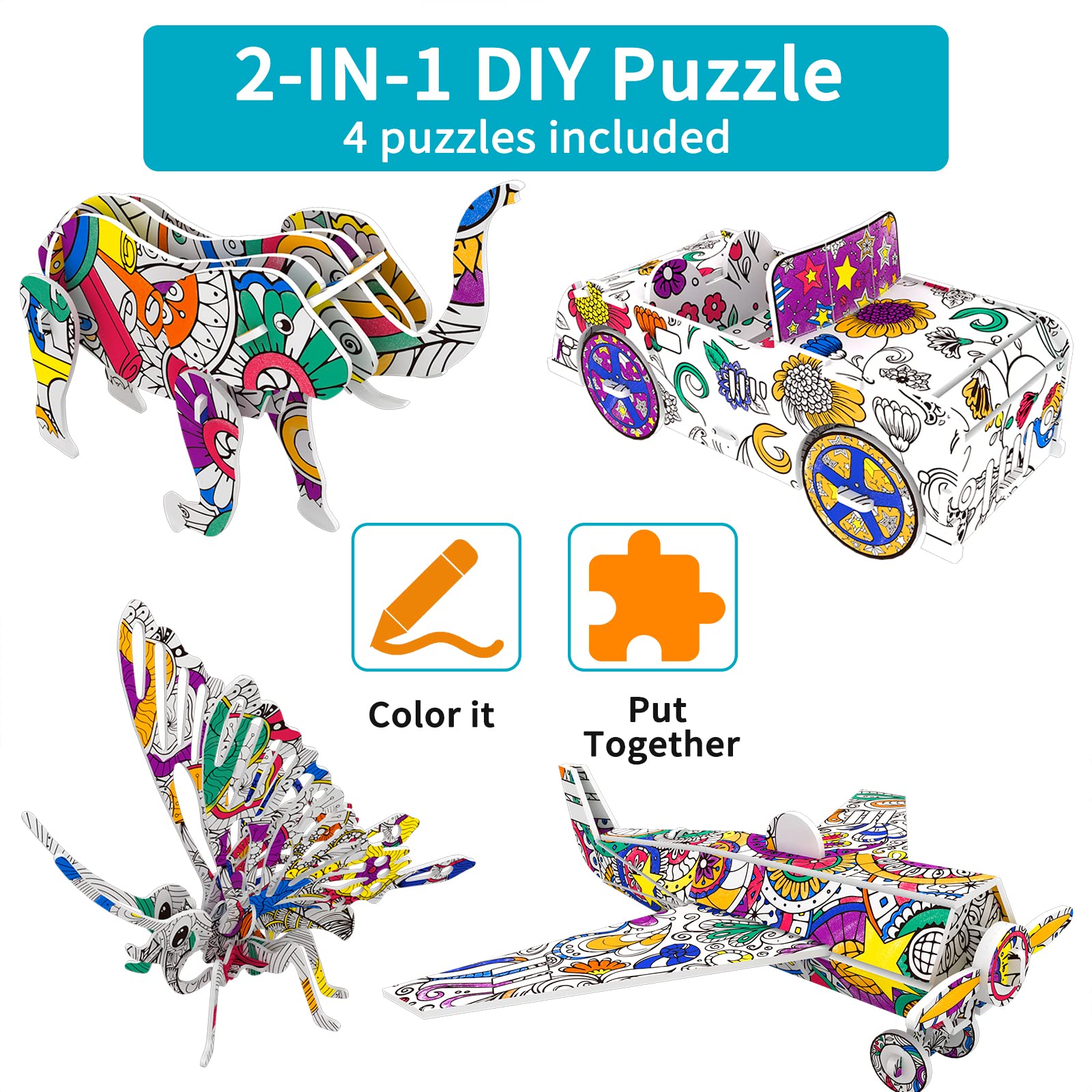 3D Coloring Puzzle Set, 4 Animals Puzzles with Pen, DIY Arts and Crafts for Girls Boys Age 6 7 8 9 10 11 12 Years Old(4 Pack)