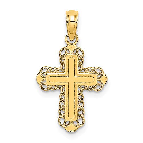 14k Yellow Gold Cross w Solid Center and Lace Trim Charm Pendant - 17mm x 13mm