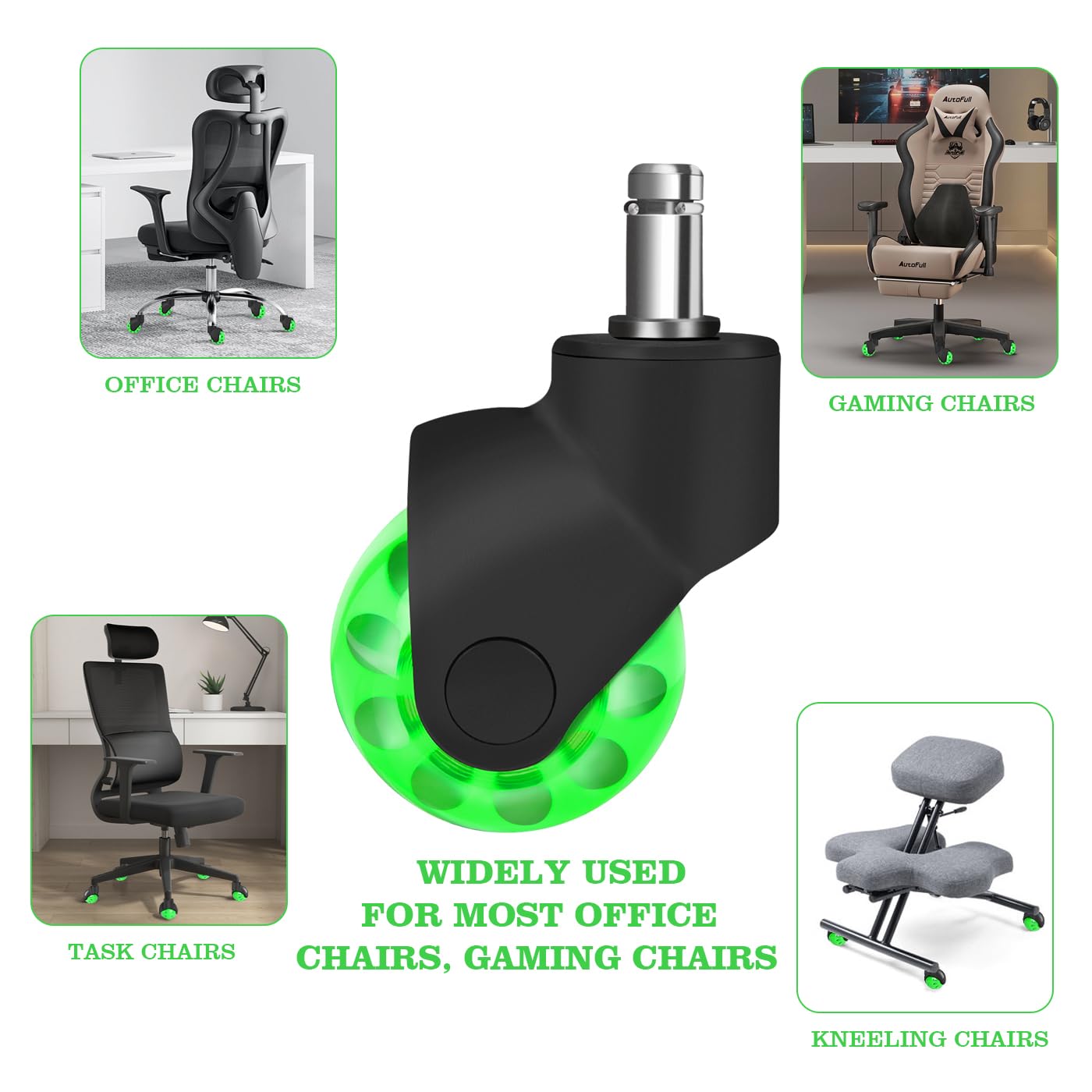 2" Ball Caster Wheels, Hirate 360 Degree Rotation Universal Ball Casters with Nylon Cover for Office Furniture Chairs Replacement Casters Smooth Rolling 7/16" x 7/8", Set of 5, Green