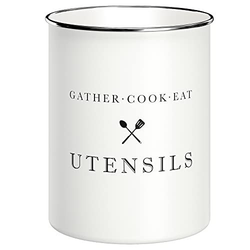 Barnyard Designs White Utensil Holder for Kitchen Countertop, Farmhouse Metal Utensil Crock, Rustic Country Decorative Kitchen Utensil Caddy Large, 5.5x6.75