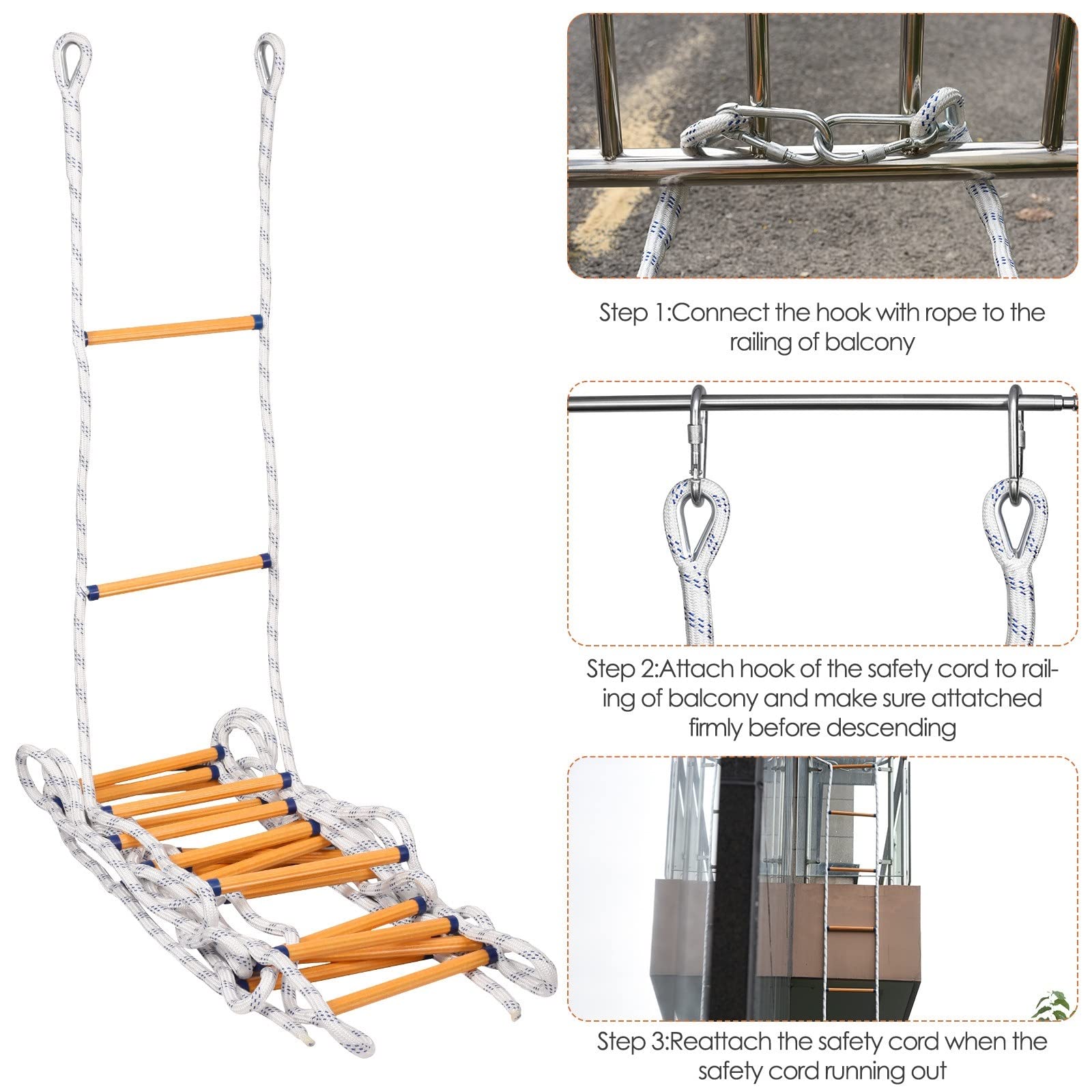 QCLUEU Emergency Fire Escape Ladder Flame Resistant Safety Extension Rope Ladder with 3 Hooks, 2-3 Story Homes Reusable Compact & Portable External Ladder (Size : 10FT/3M)