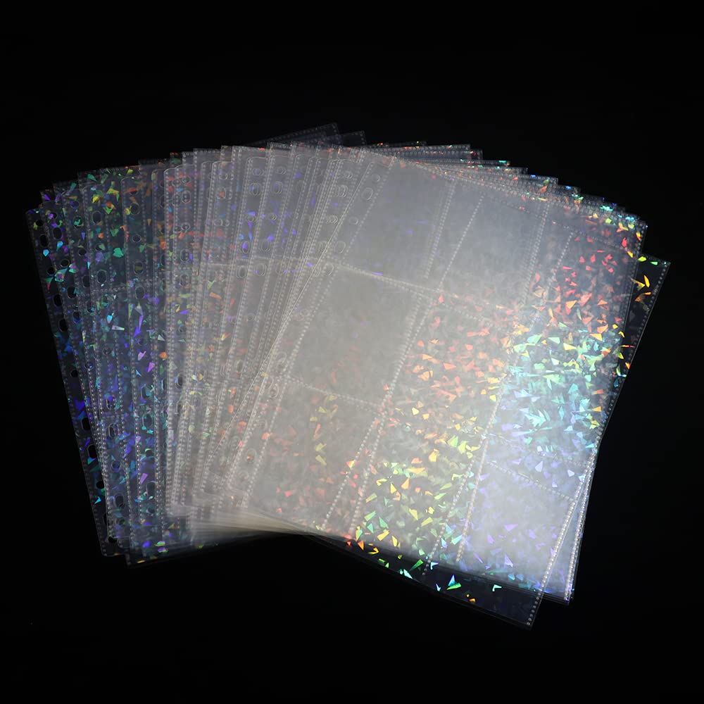 30PCS Holographic Trading Card Sleeve Pages Gemstone Foil Card Sleeves 9 Pockets Fit 3 Ring Binder Pages (Clear foil Card Pages)