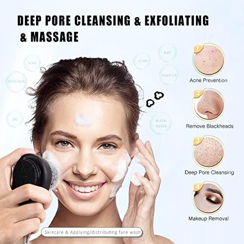 2 Pack Facial Cleansing Brushes, Face Brush with 2-in-1 for Deep Pore Cleansing and Exfoliation, Silicone Scrubber & Soft Bristle Sides (Black&Pink)