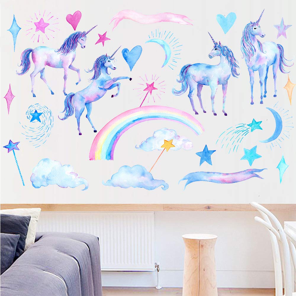 Wajade Unicorn Wall Decals, 2 Sheets Unicorn Rainbow Peel and Stick Wall Stickers Removable Wall Decor for Girls Kids Bedroom Nursery Playroom Decor