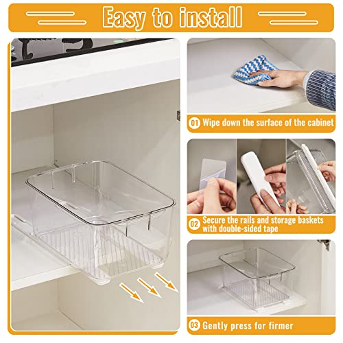 2 Pcs Pull Out Cabinet Organizer Slide out Storage Container No Need Drilling and Nailing Acrylic Drawer Storage Shelves with 4 Pull out Rail for Bathroom Kitchen