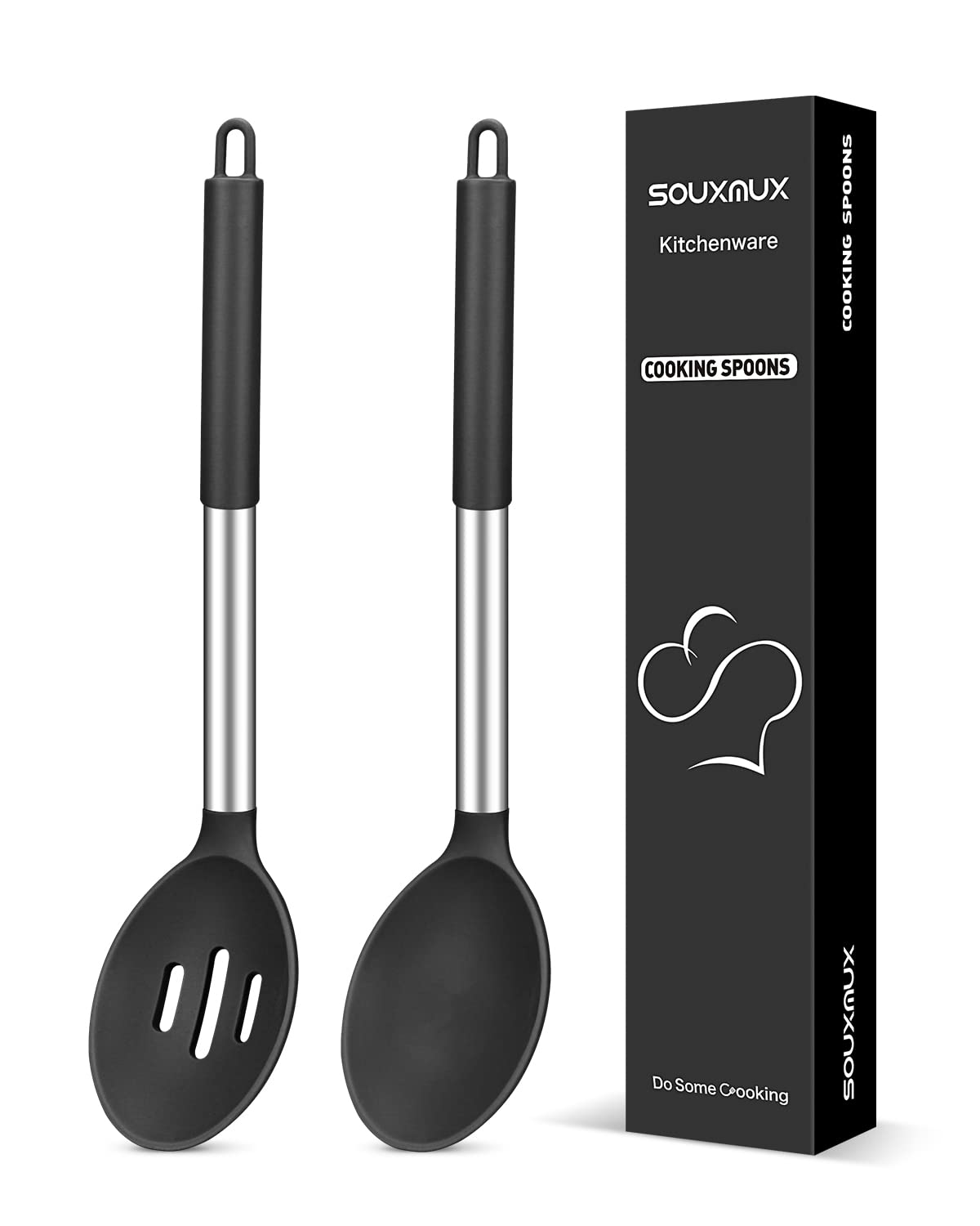 2 Pcs Silicone Cooking Spoons, Solid and Slotted Spoon Set, Non-Stick BPA Free Heat-Resistant Basting Kitchenware for Soup, Serving, Draining, Stirring(Grey)