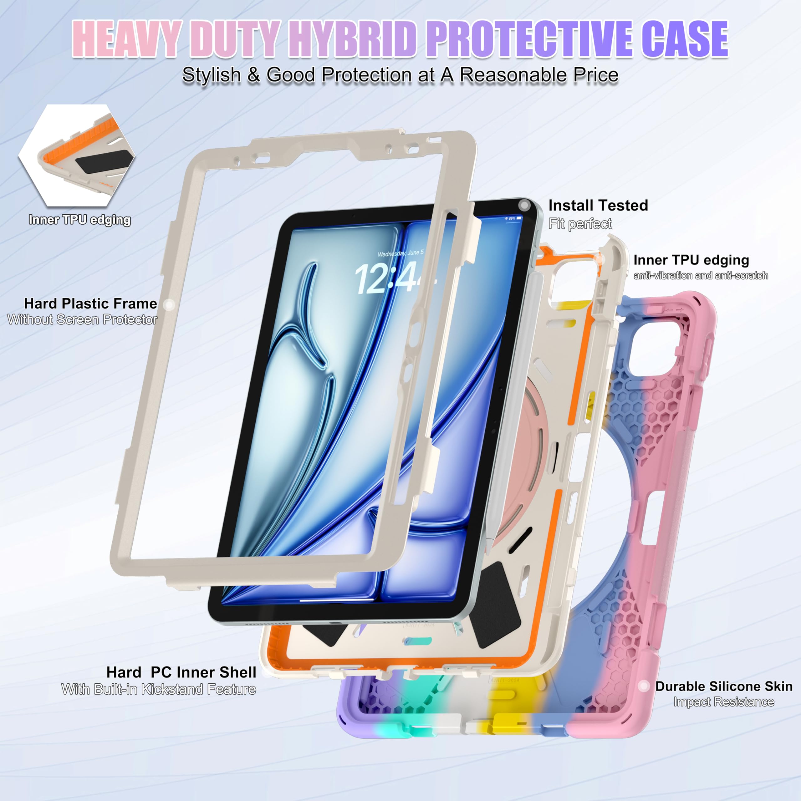 SCSVPN for iPad Air 11 Inch Case 6th Generation 2024 M2 | iPad Air 5th/4th Gen Case 10.9''| iPad Pro 11'' (2022-2018) Protection Kids Cover w/Pencil Holder-Stand-Handle-Shoulder Strap, Colorful Pink