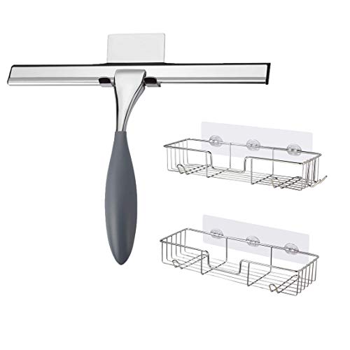 Bundle Set of Adhesive Bathroom Shower Shelf and Stainless Steel Shower Squeege 10 Inches