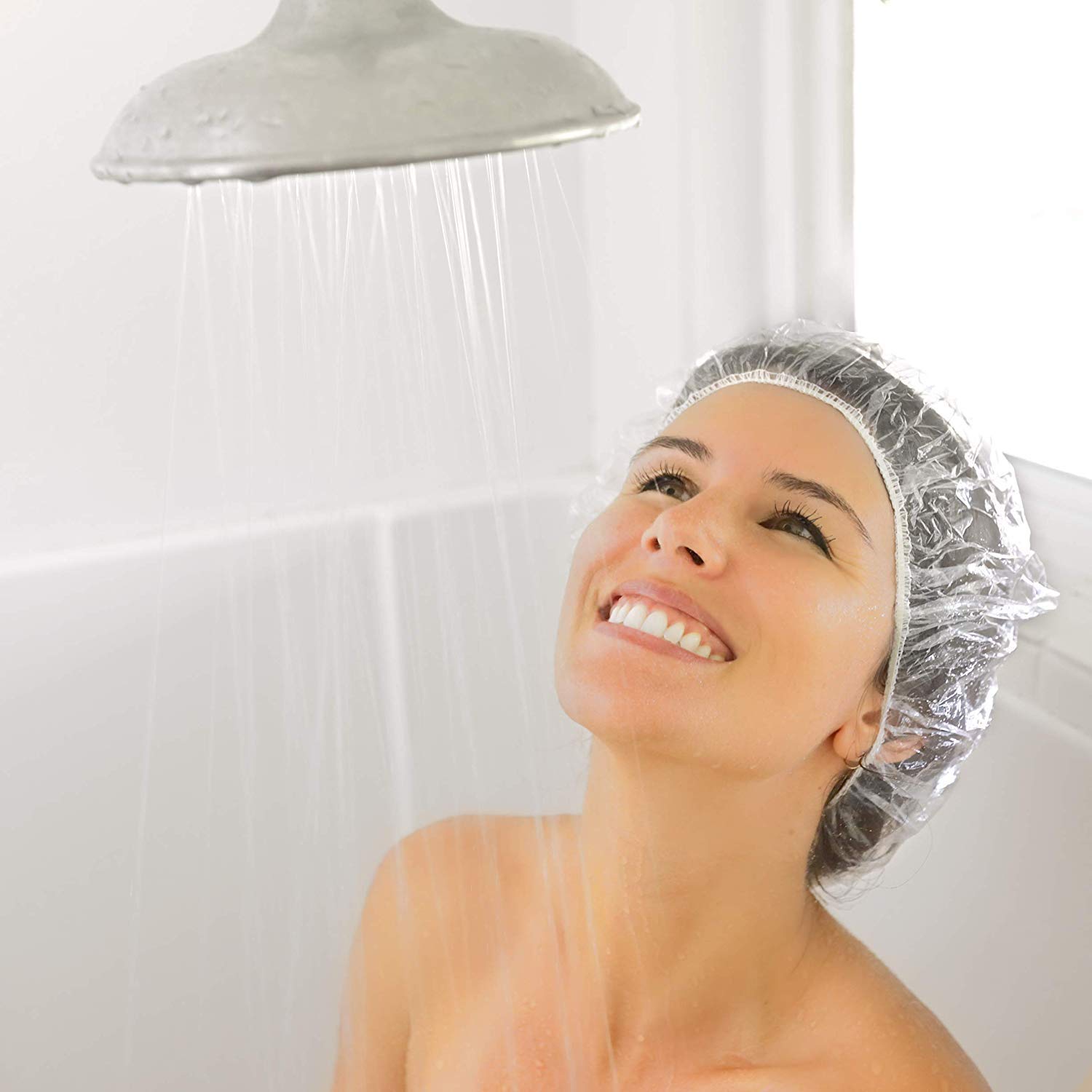Auban 50 PCS Shower Cap Disposable,Bath Caps Larger Thick Clear Waterproof Plastic Elastic Hair Bath Caps For Women Hotel Travel Essentials Accessories Deep Conditioning Hair Care(19.3")