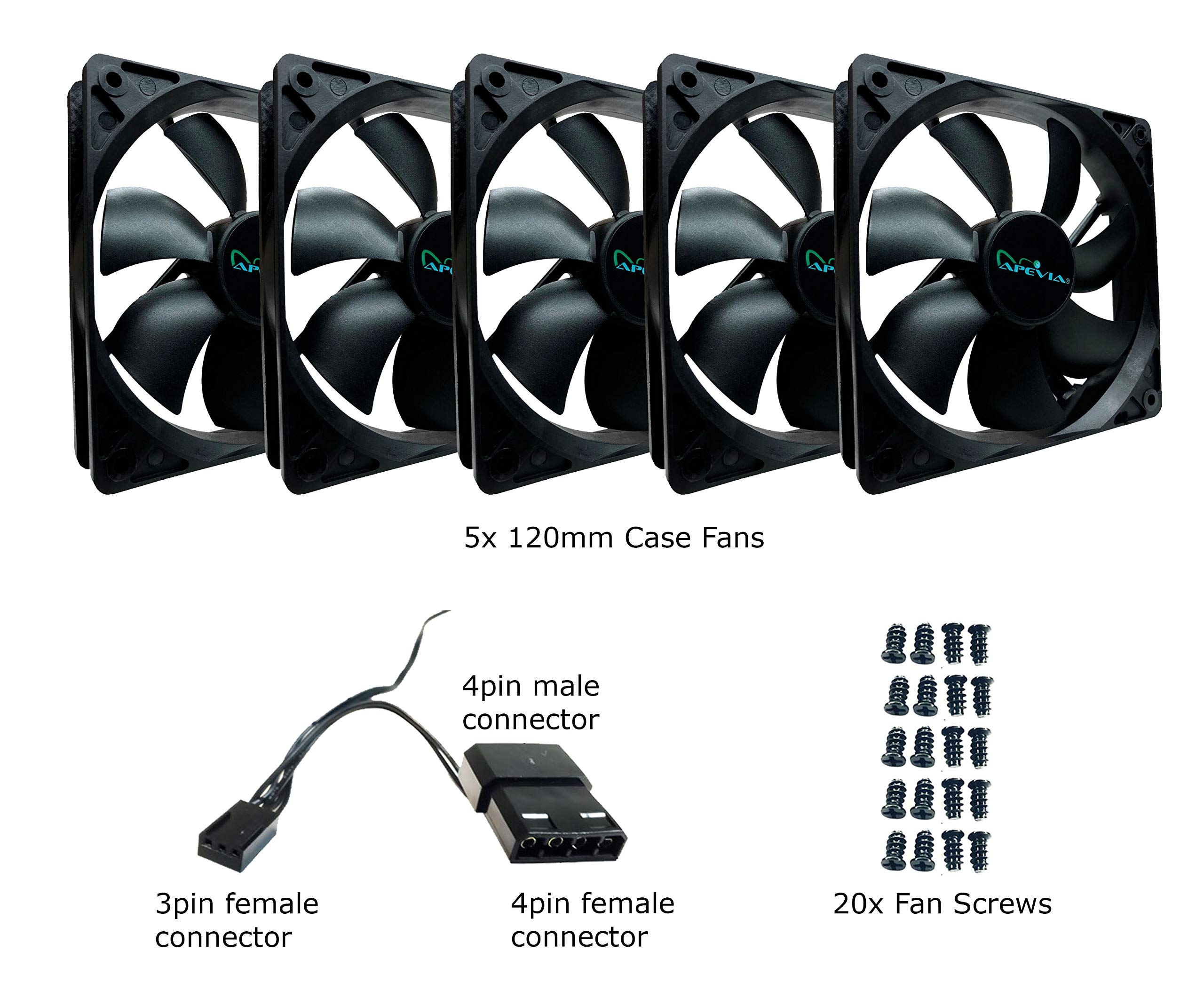 APEVIA CF512S-BK 120mm 4pin & 3pin Black Silent Case Fan (5-pk)
