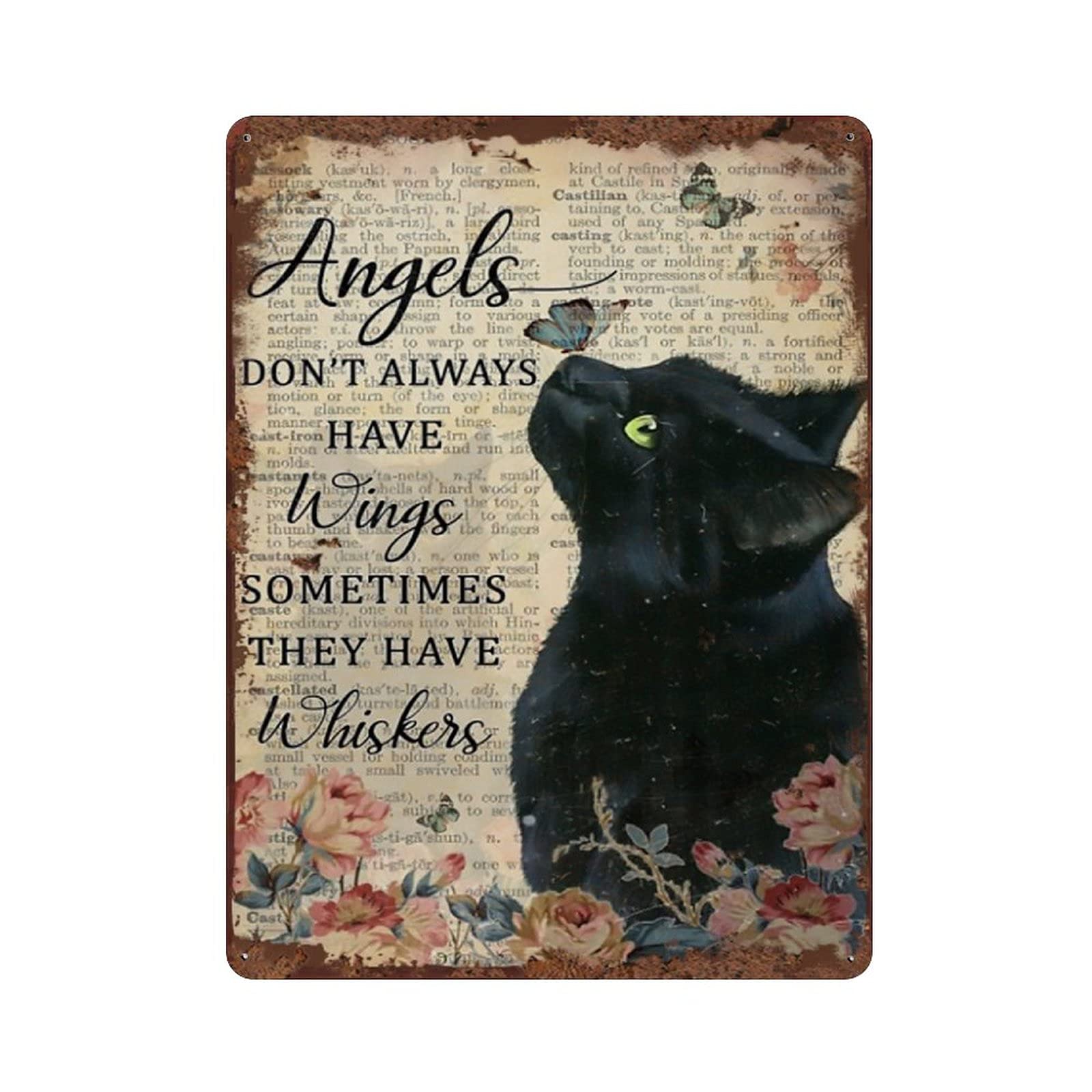 Angels Don't Always Have Wings Sometimes They Have Whiskers Tin Sign Vintage Floral Black Cat Cat Lovers Gift Vintage Metal Sign Plaque Metal Man Cave Bar Pub Club Home Wall Decoration 16x12 Inch