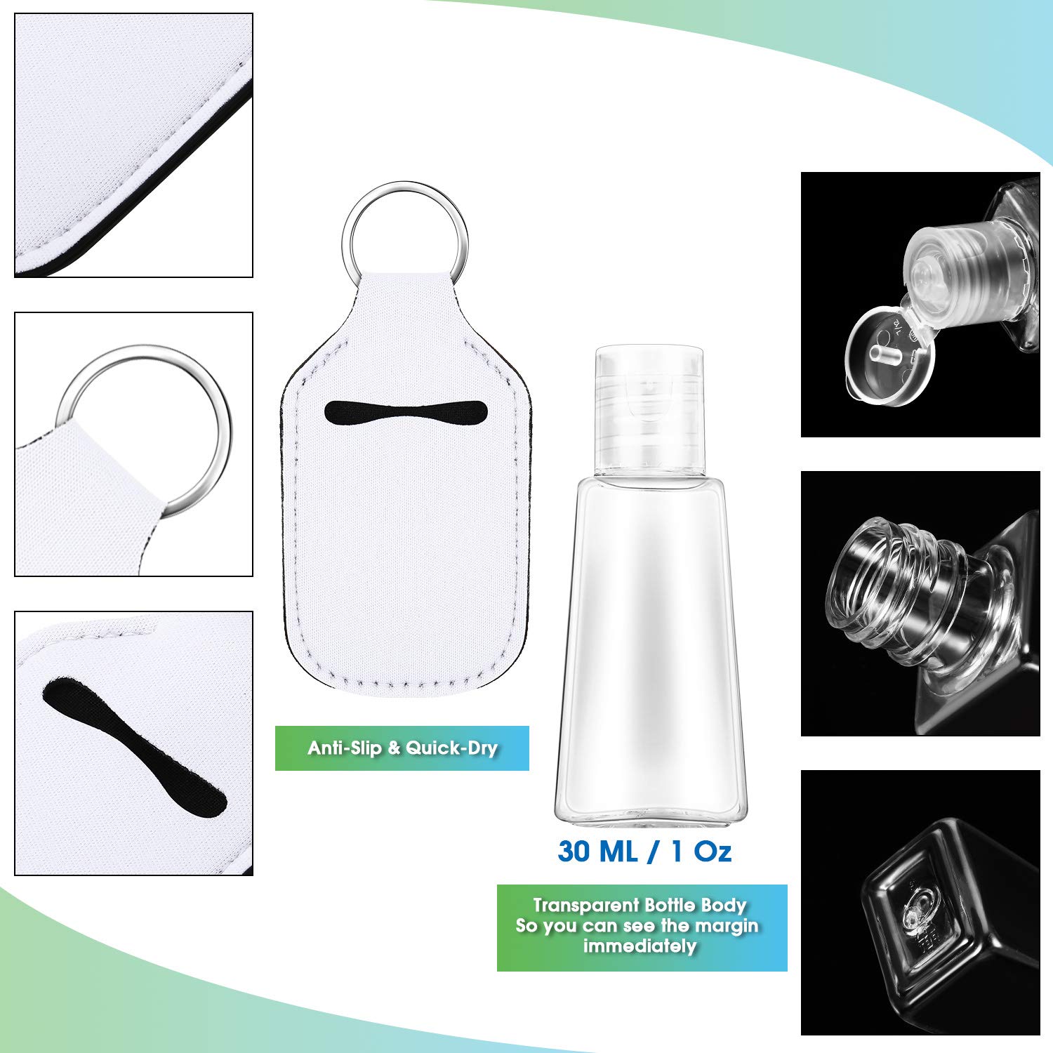12 Sets Travel Bottle Keychain Holder 30 ml/ 1 oz Flip Cap Plastic Bottle Empty Clear Keychain Reusable Container for Soap Liquid Shower Gel Body Lotion (White)
