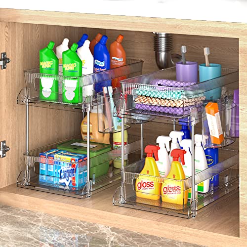 2 Tier Bathroom Organizer with Dividers,1 Set Clear Under Sink Organizers Storage Slide Out Bathroom Vanity Counter Storage Container with 4 Cups for Kitchen Pantry Cabinet Closet, Medicine Organizer