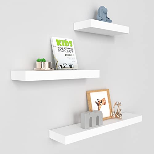 Ballucci Modern Floating Shelves for Wall, Set of 3 Wood Wall Mount Ledges for Living Room, Bedroom, Nursery, Bathroom, Kitchen, 12", 16", 24" - White
