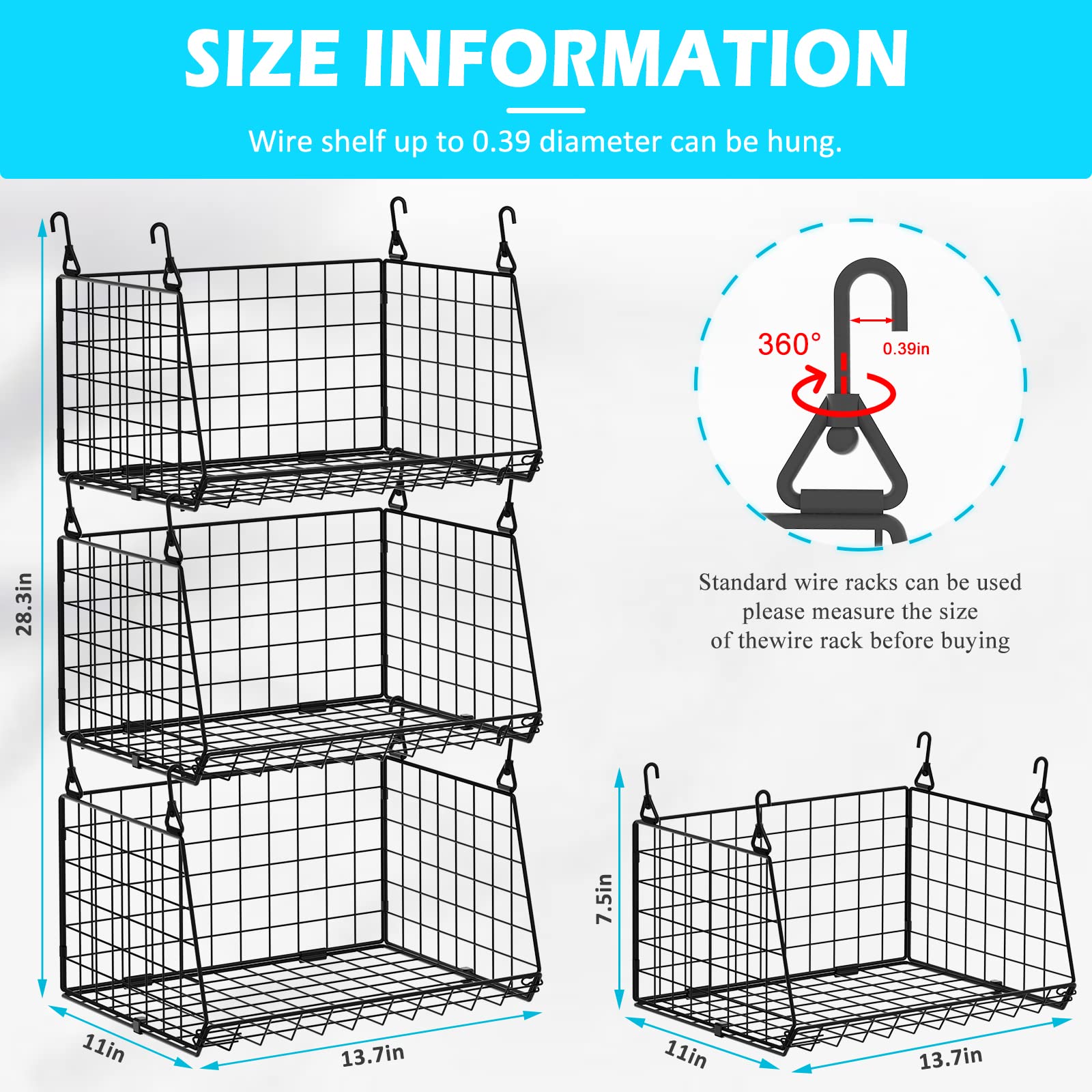 3-Pack Hanging Laundry Room Organizaton:Foldable Laundry Room Organizer Wire Shelf Basket with 360°Rotating Hooks Space Saving Over Washer and Dryer Shelves - Laundry Organization and Storage, Black