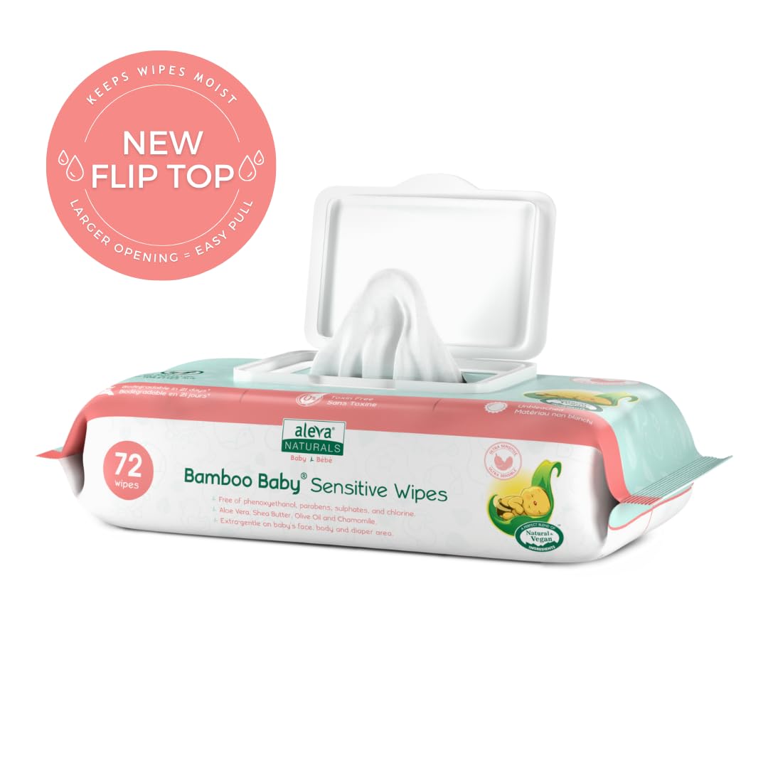 Aleva Naturals Bamboo Baby Sensitive Wipes for babies with Sensitive Skin, Natural and Organic Formula, Hypoallergenic, Biodegradable, Extra Strong and Ultra-Soft, Perfume Free Diaper Wipes - 72 Count