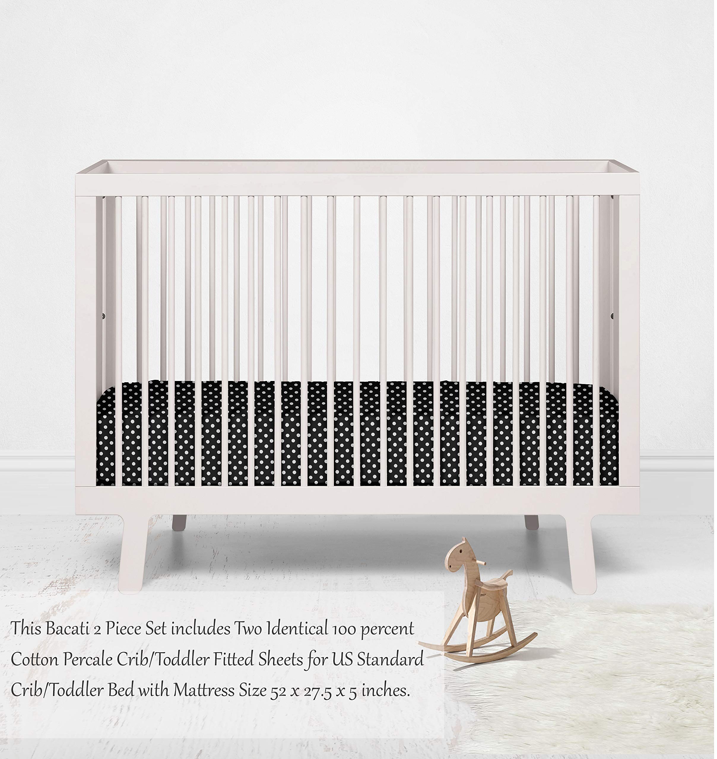Bacati - 2 Pack Pin Dots Girls 100% Cotton Universal Baby US Standard Crib or Toddler Bed Fitted Sheets (PIN DOTS, Black/White)