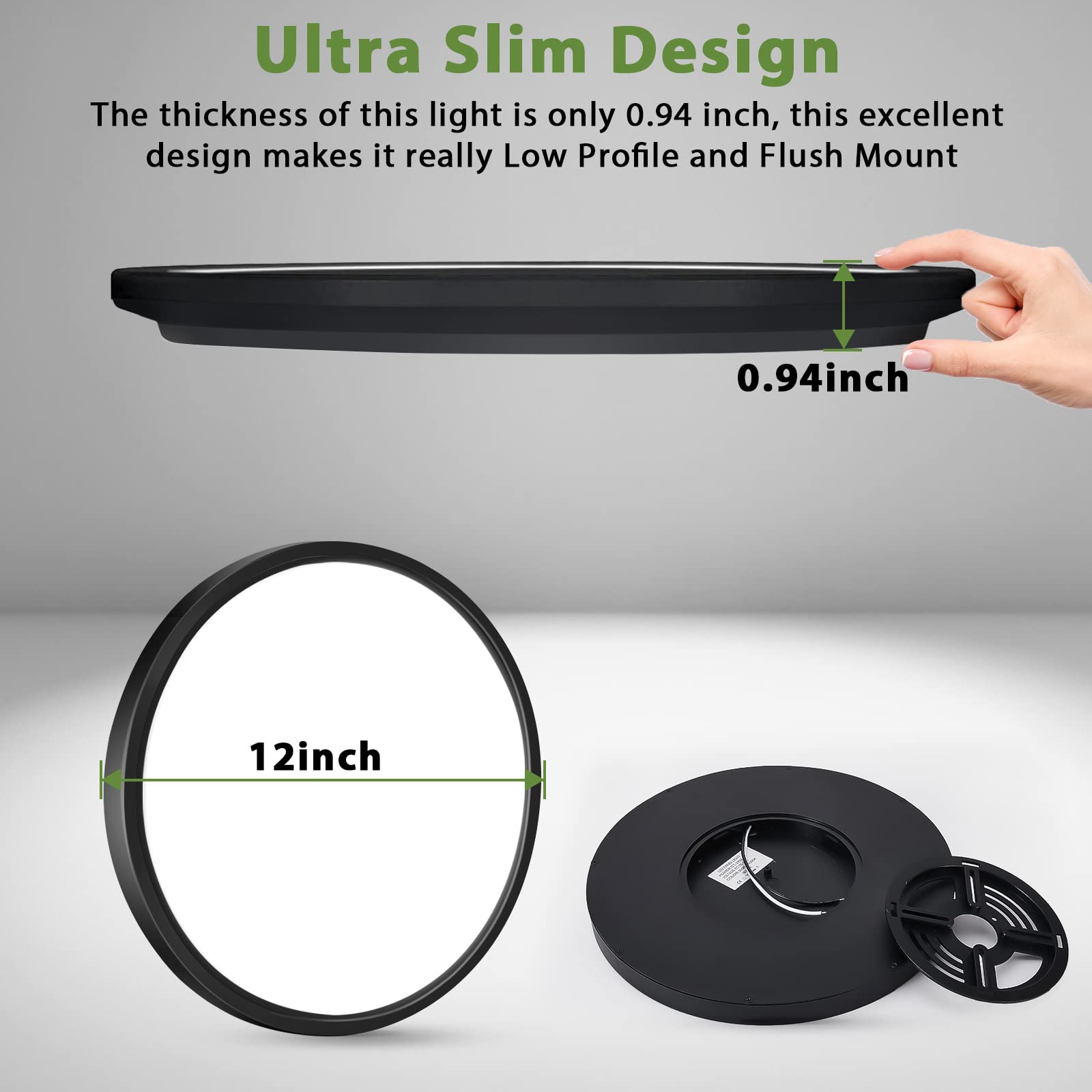 2 Pack Flush Mount LED Ceiling Light, Super Slim 12 Inch Flush Mount Light Fixture Black, 24W, 2400LM, 3000K/4000K/6000K Adjustable Round Flat Ceiling Light for Kitchen, Bedroom, Hallway, Porch