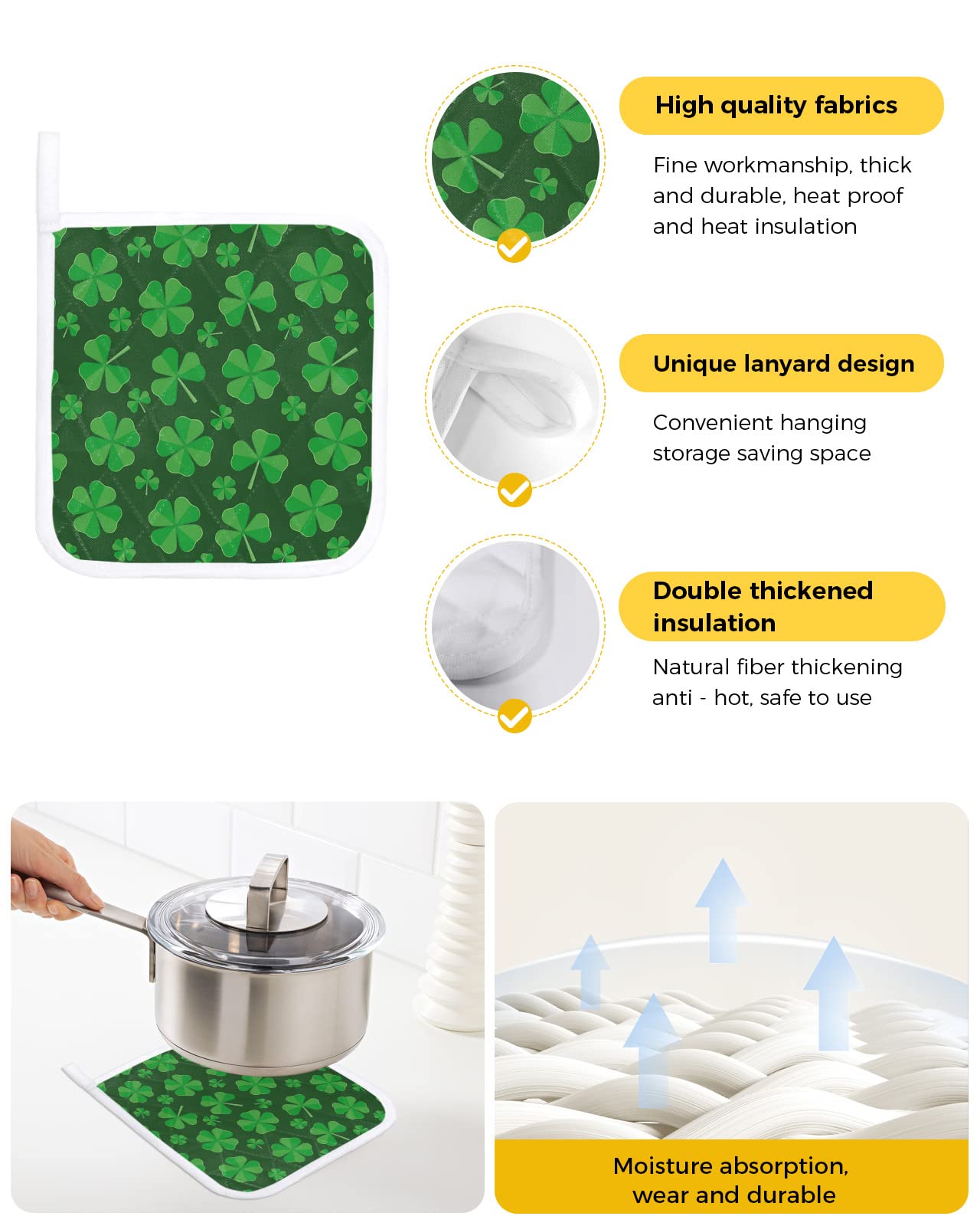 2 Pack Pot Holders for Kitchen,St. Patrick's Day Green Shamrock Heat Proof Potholder Hot Pads Trivet,Four Leaf Clover Black Back Seamless Washable Coaster Potholders for Cooking Baking Grilling
