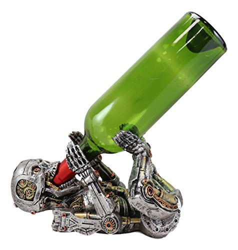 Ebros Steampunk Industrial Victorian Sci Fi Cyborg Robotic Terminator Skeleton Wine Bottle Holder Figurine with Painted Gearwork Clockwork and Mechanical Parts Party Hosting Skeletons Skulls Decor