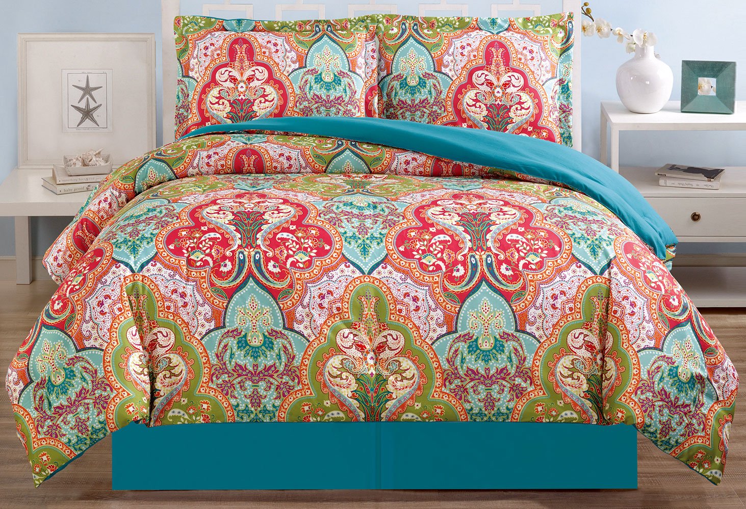 3-Piece Fine Printed Duvet Cover Set Queen Size - Double Brushed Soft Microfiber - Luxury and Durable in Turquoise Blue, Sage Green, Orange and Red Colors