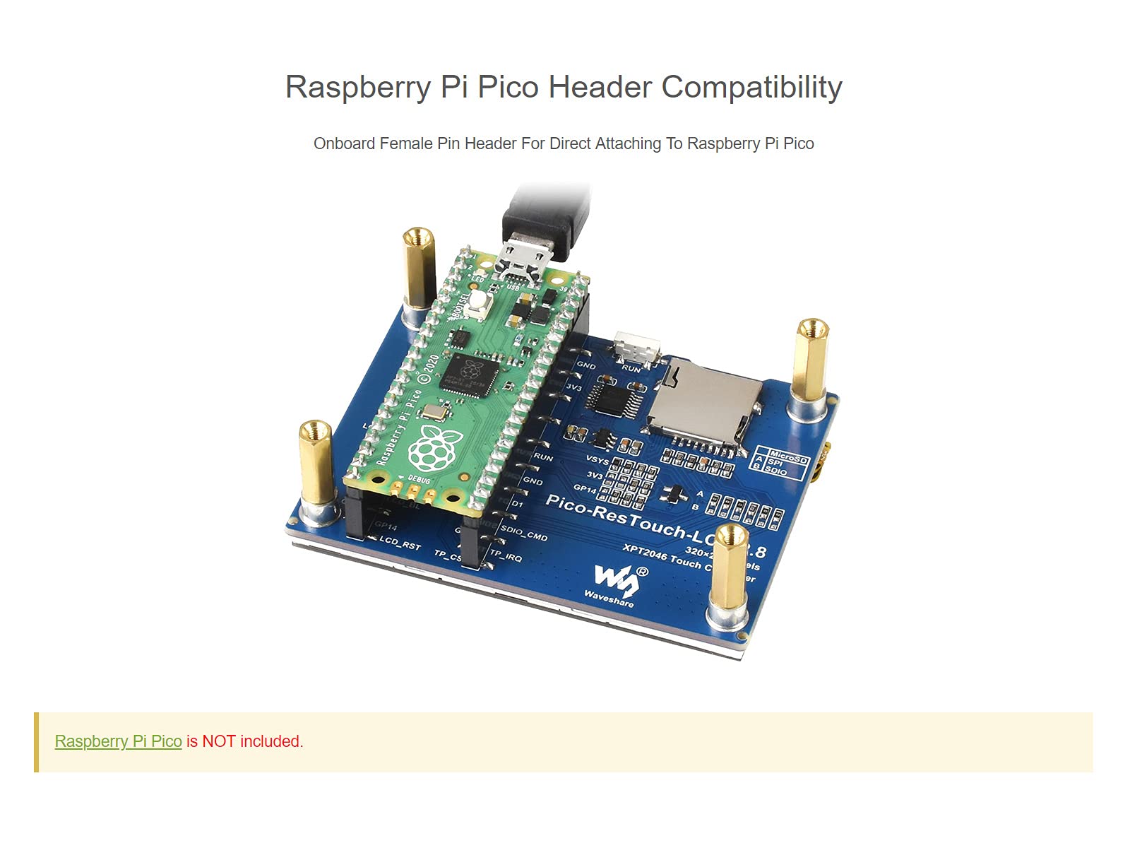 waveshare 2.8inch Touch Display Module for Raspberry Pi Pico 262K Colors 320×240 Pixels Resistive Touch Controller XPT2046 ST7789 Driver Using SPI Bus