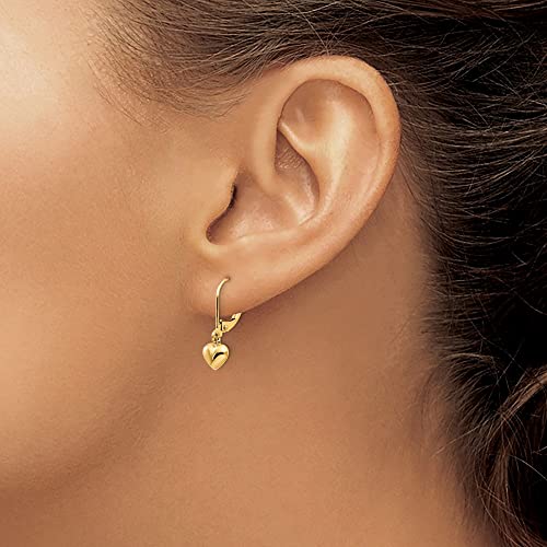 14K Yellow Gold Polished Puffed Heart Leverback Drop Dangle Earrings for Women
