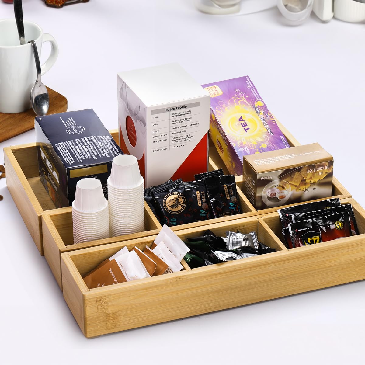 Kingrol Bamboo Drawer Organizers with Adjustable Dividers, Set of 3 Multi-Use Storage Containers for Office Kitchen Bedroom Bathroom, Individual Storage Boxes for Utensil Cutlery Makeup Junk