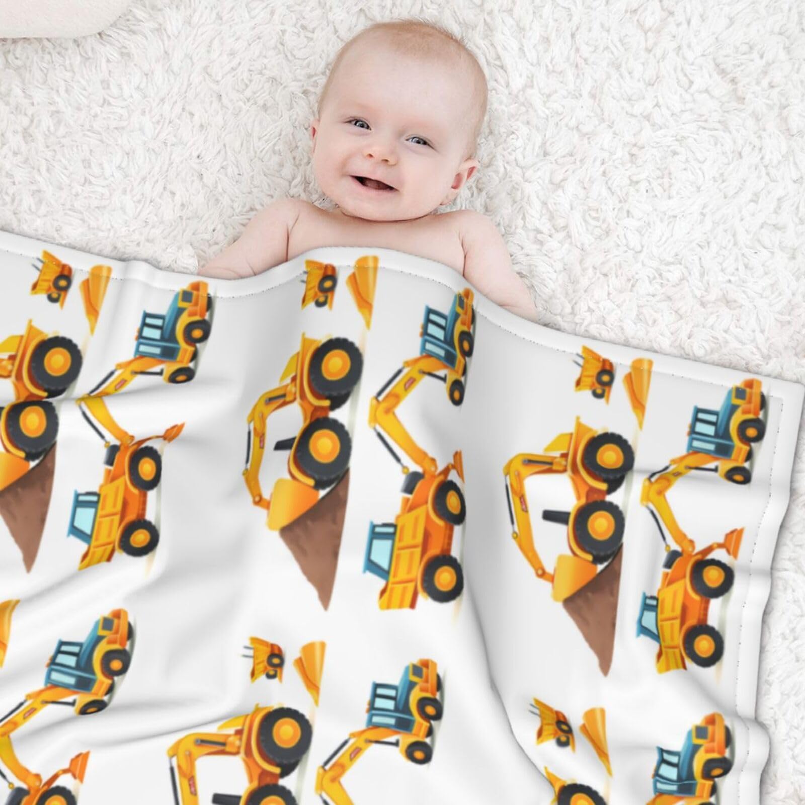 Fleece Baby Blanket Excavator Dump Truck Wheel Loader Digger Bulldozer Crane Smooth and Soft Receiving Blanket Unisex for Stroller, Crib, Newborns, Carseat 30x40