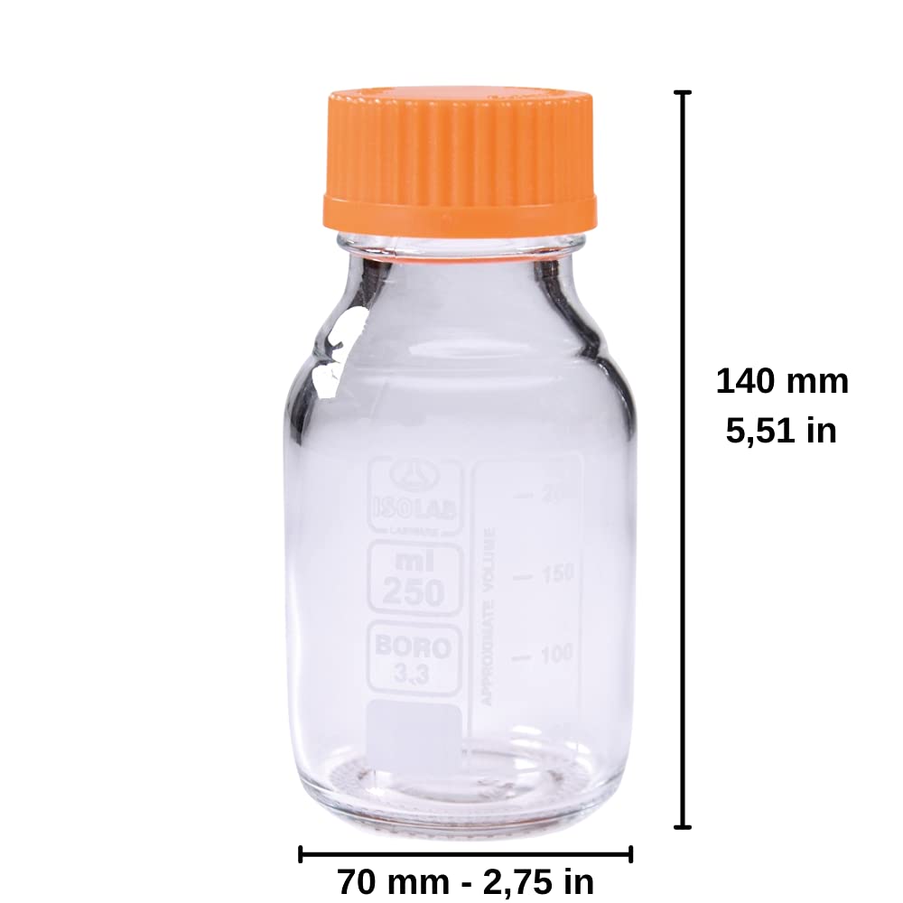ISOLAB USA โ Round Media Storage Bottle, 250ml, with GL 45 Screw Cap, Borosilicate 3.3 Glass, Pack of 2
