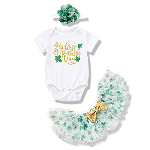 Newborn Infant Baby Girl My 1st St. Patrick's Day Outfit Short Sleeve and Tutu Dress Clove Clothes Set (Green-c, 0-3 Months)
