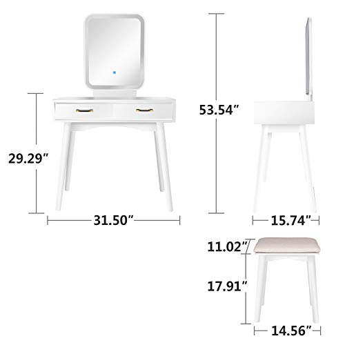 FUNKOCO Vanity Table Set with Lighted LED Touch Screen Dimming Mirror,Makeup Dressing Table with 2 Sliding Drawers, 1 Cushioned Stool for Bedroom, Bathroom (White)