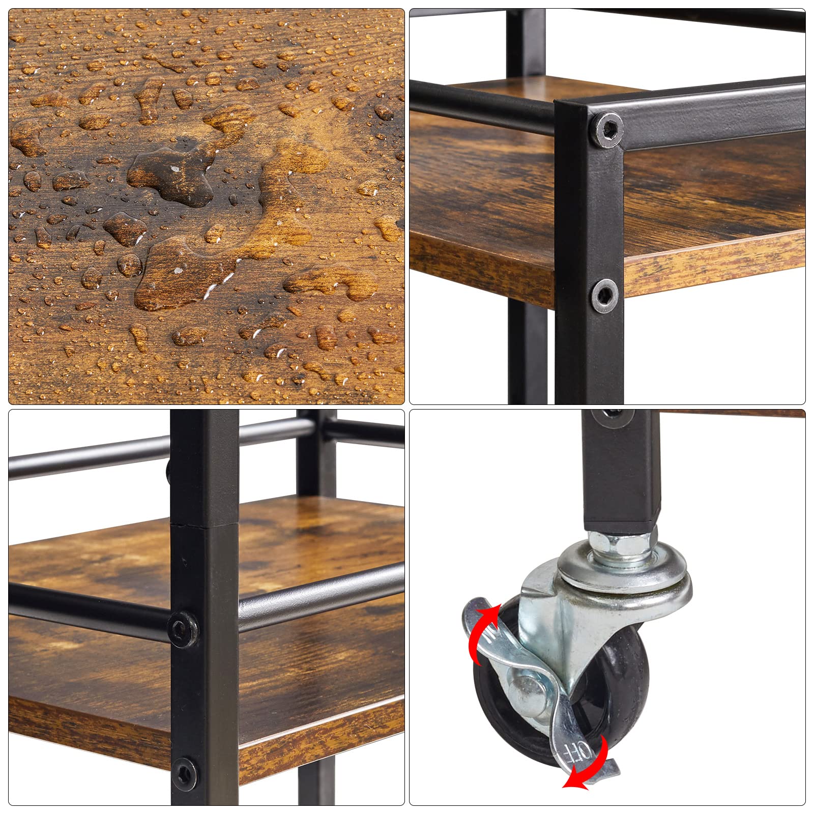 IBUYKE Industrial Bar Carts, Kitchen Storage Serving Cart, Mobile Kitchen Shelf,4 Tier Storage Cart for Bath, Kitchen, Bedroom, Living Room Rustic Brown and Black TMJ419H